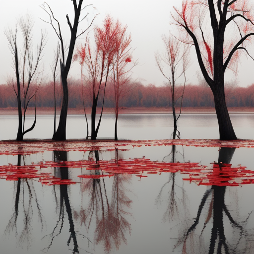 DreamShaper prompt: Lake of scarlet rot. Withered trees.
