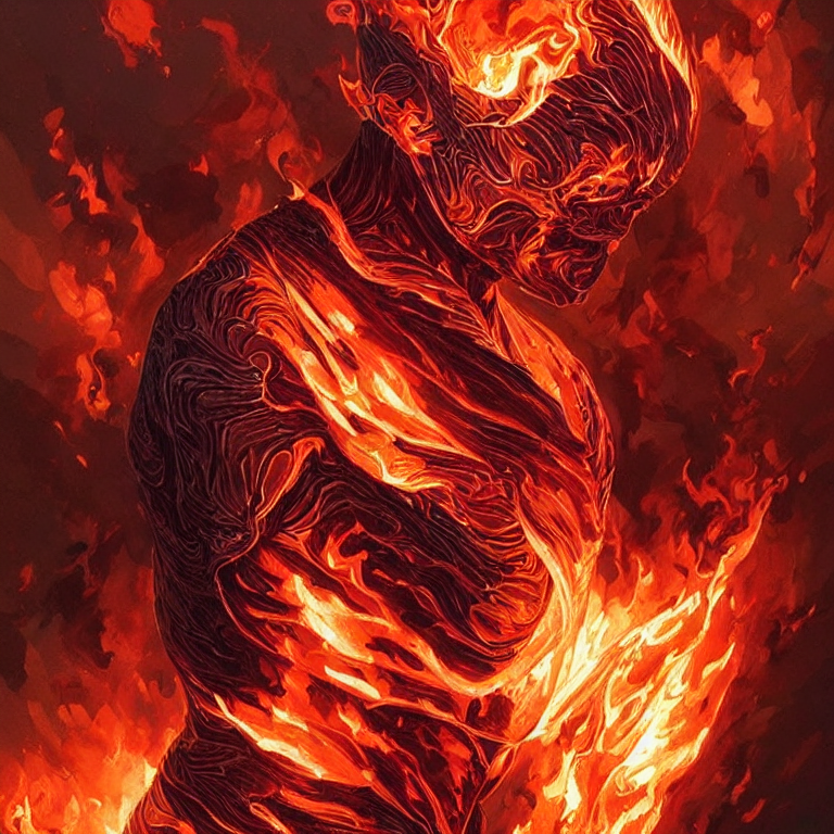 Stable Diffusion prompt: A man made of fire, intricate he...