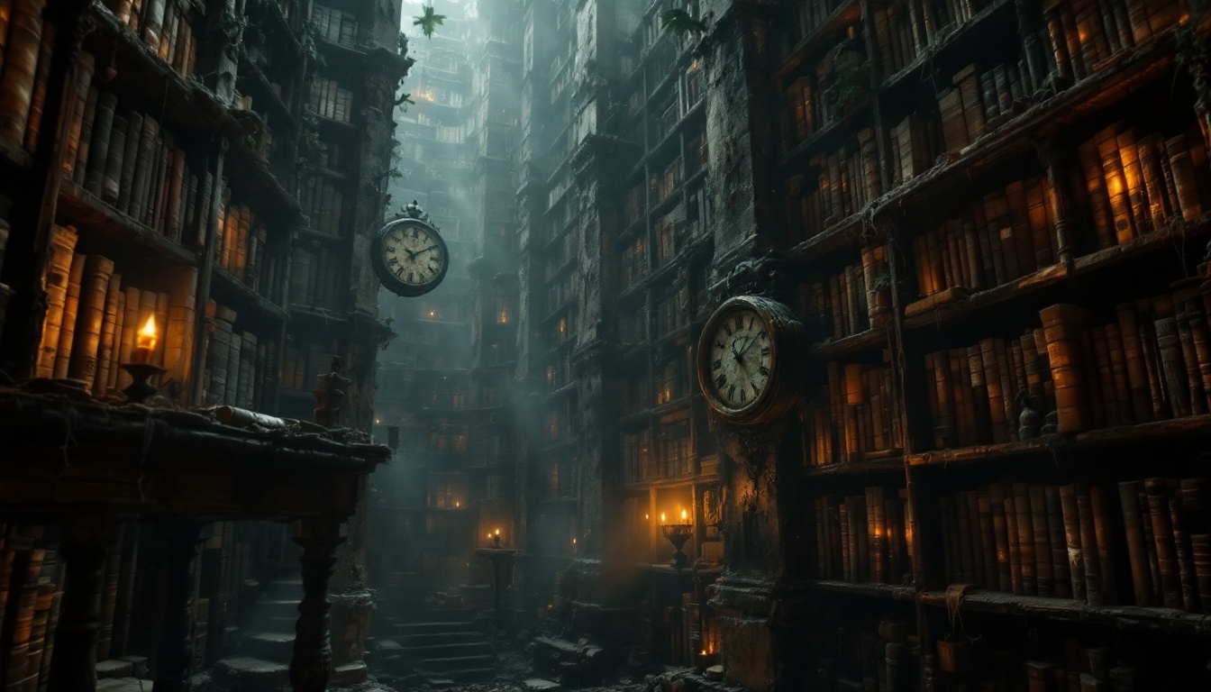 FLUX prompt: "An ancient Indian library with towering, de...