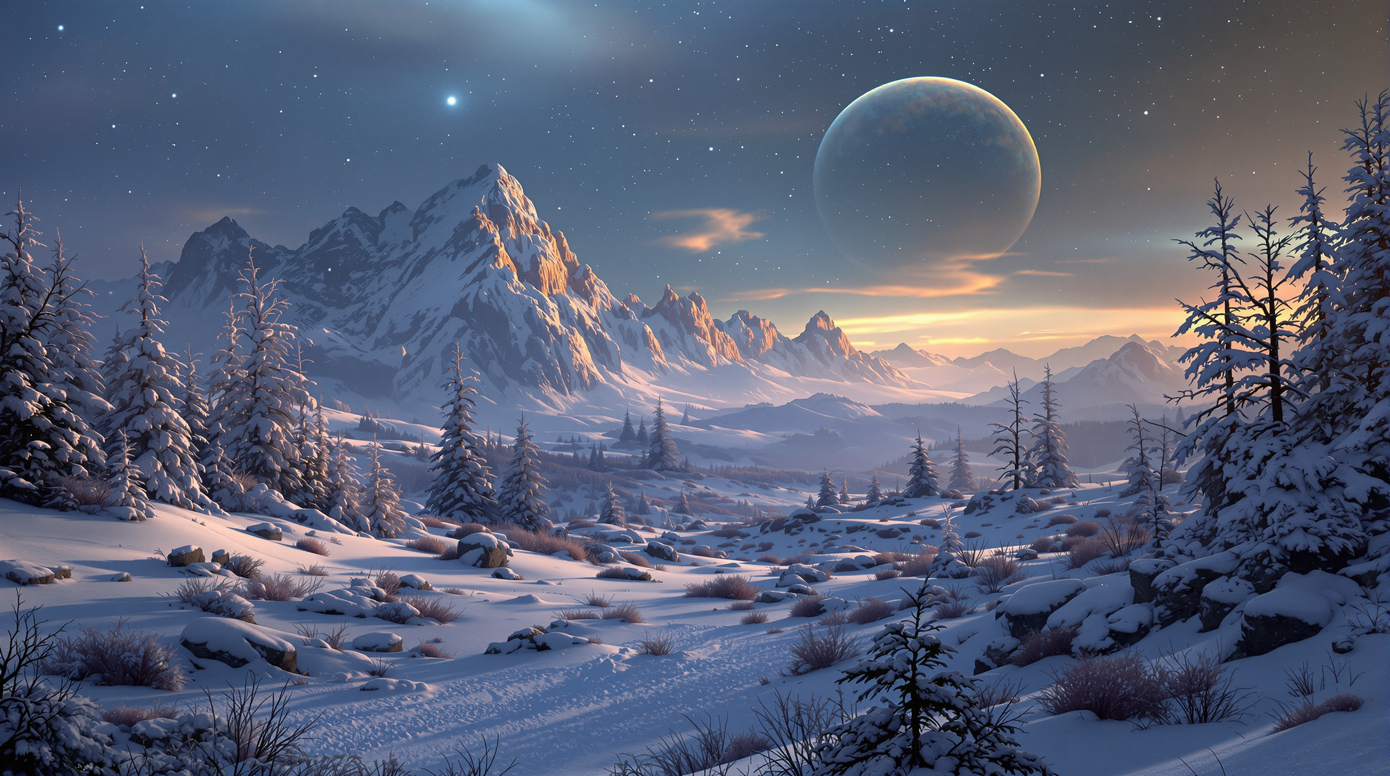 FLUX prompt: winter landscape on a forieng planet