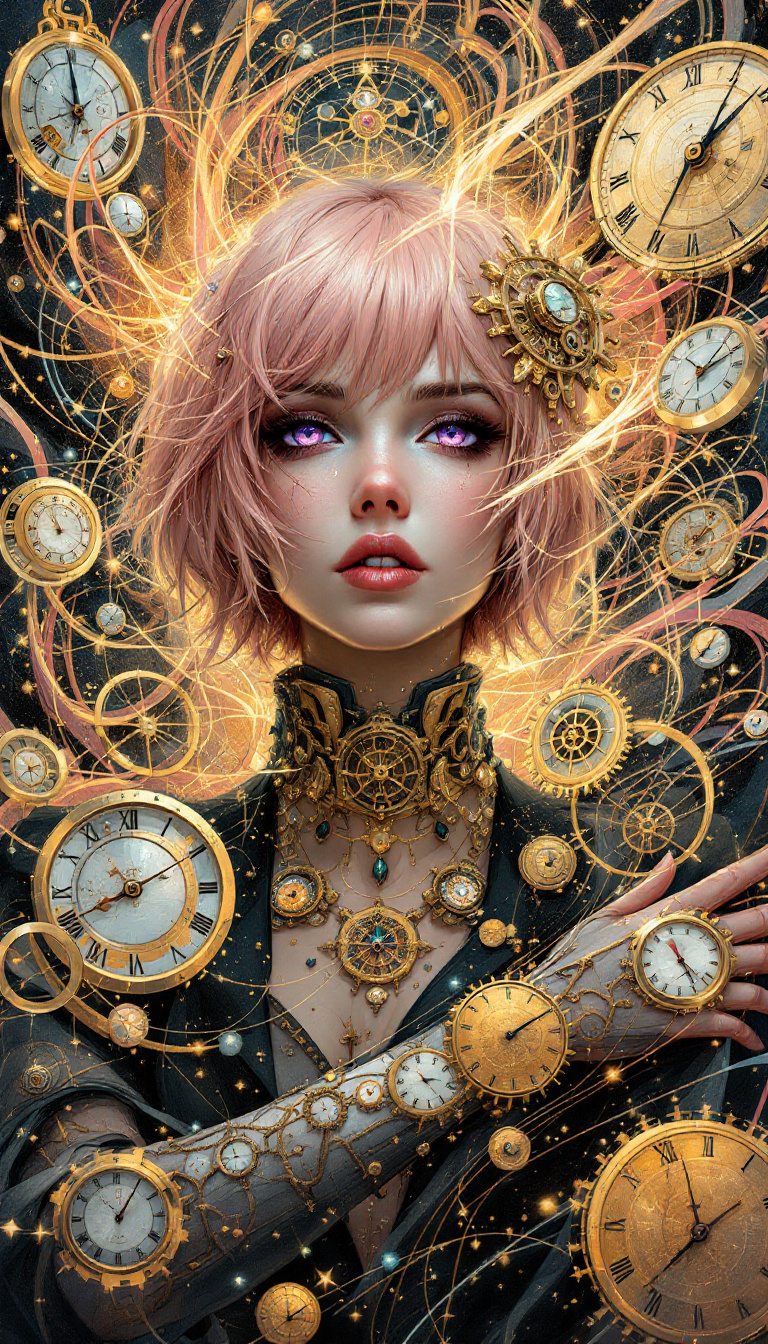 FLUX prompt: "Rose Gold Chronomancer in a Time Stream": A...