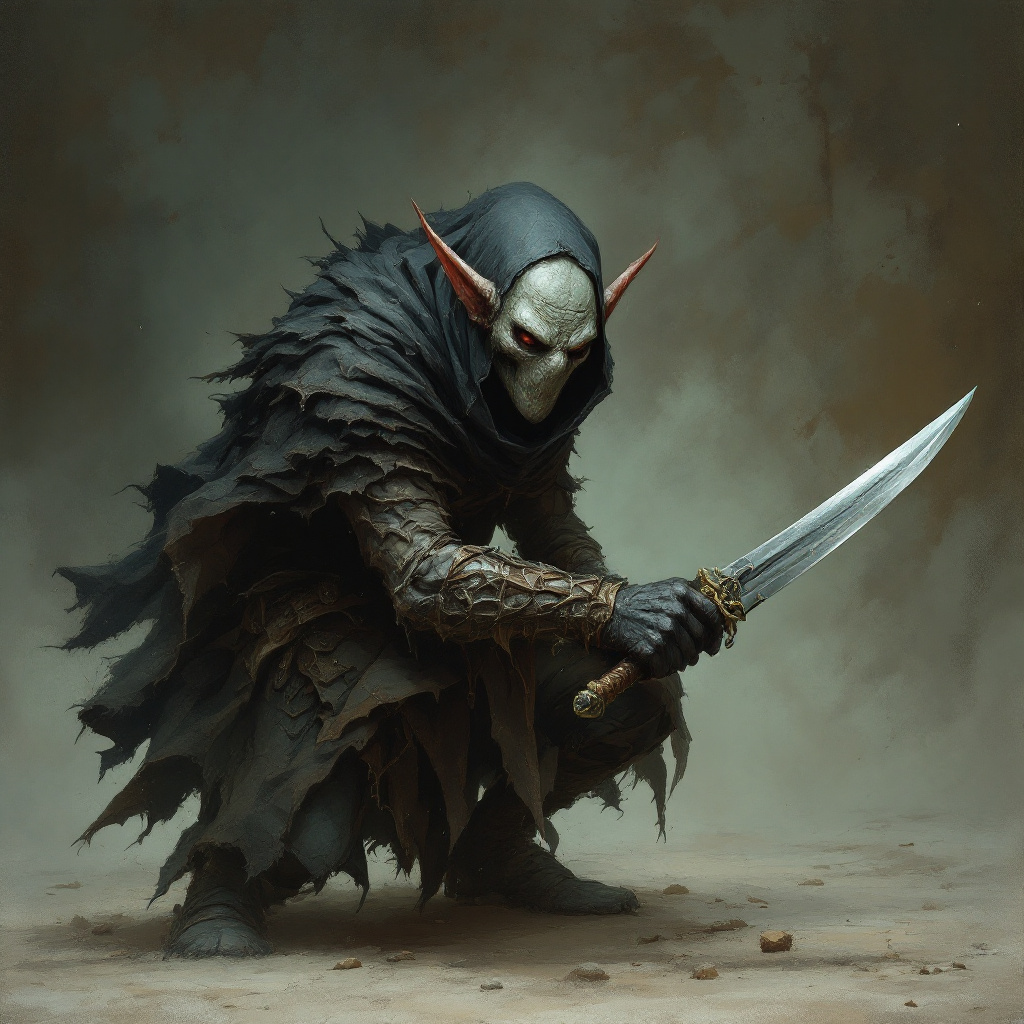FLUX prompt: een grey goblin thief with 2 daggers he wear...