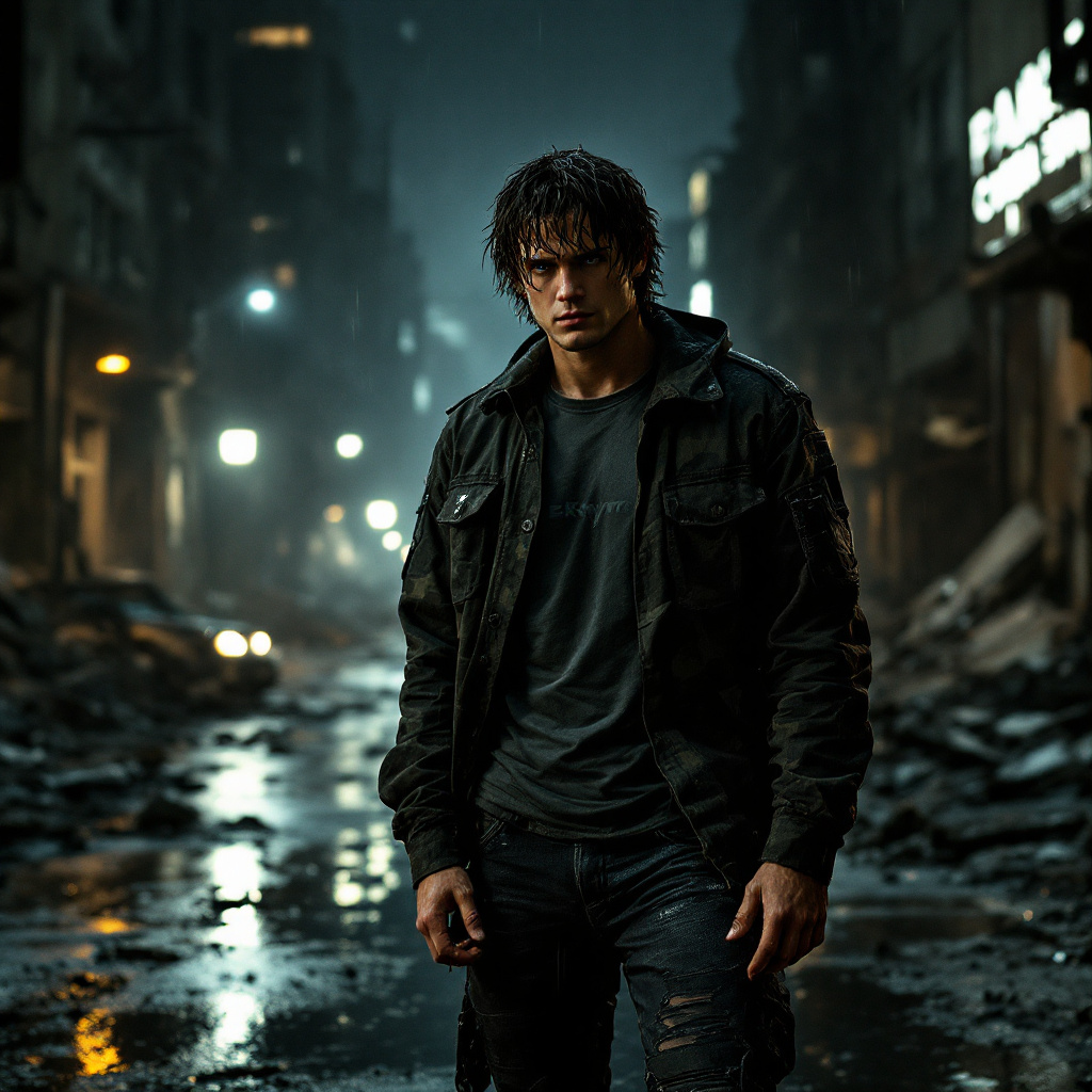 FLUX prompt: [EXT. RUINED STREET - NIGHT] - Cinematic, gr...
