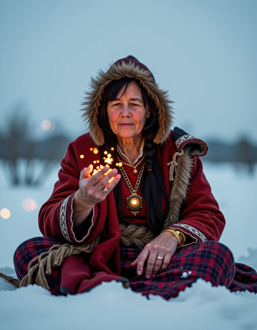 FLUX prompt: "A matriarch of a nomadic Siberian tribe rel...