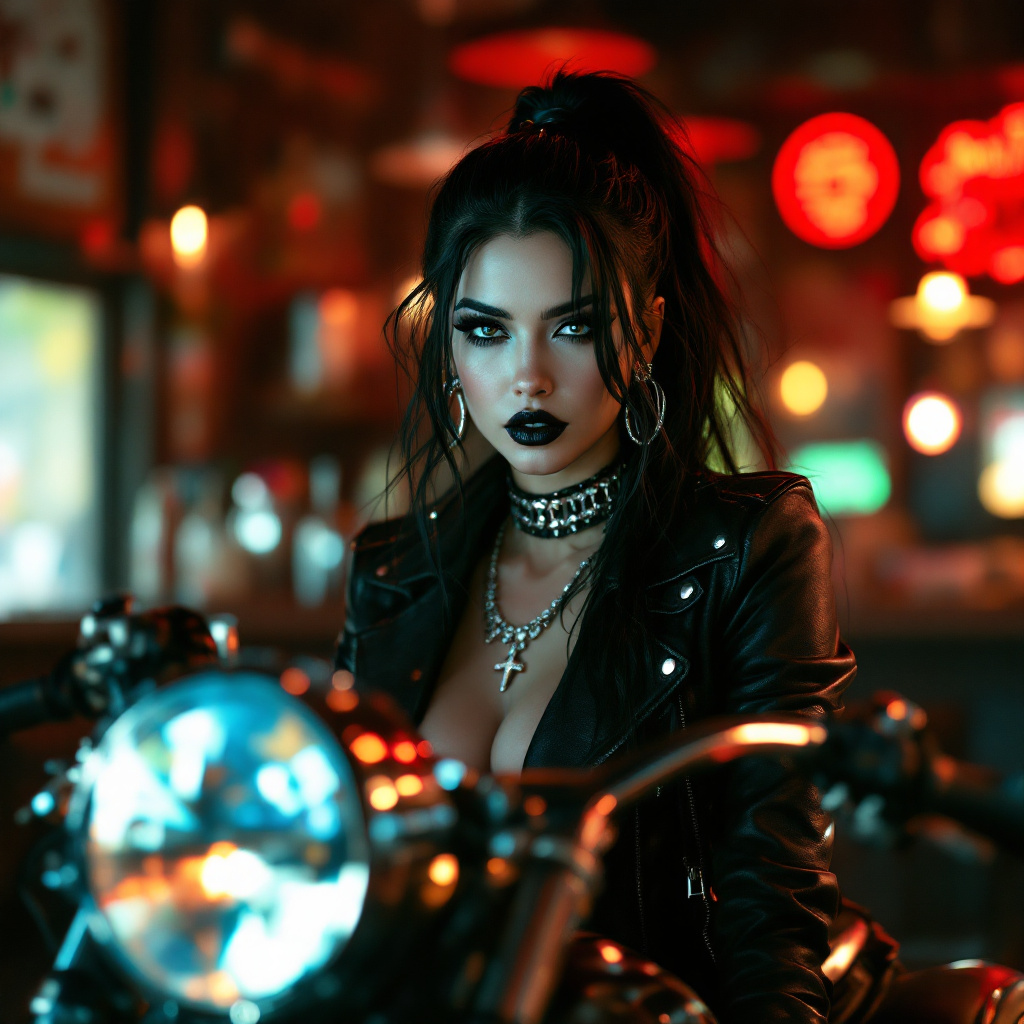 FLUX prompt: villainess woman with black hair in a leathe...