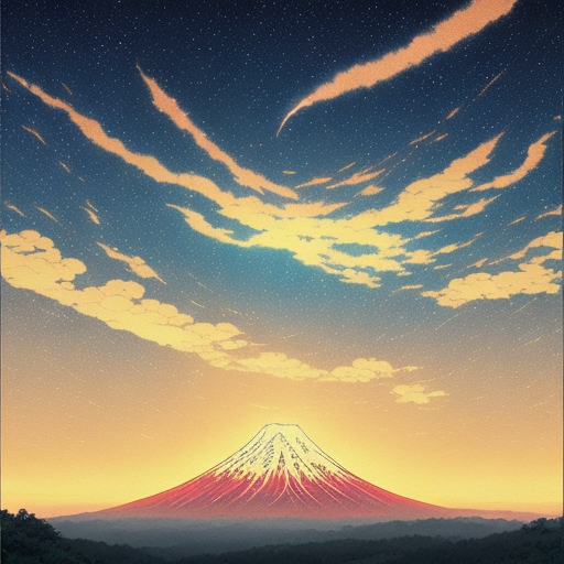 Openjourney prompt: mdjrny-v4 style mt fuji sunrise in uk...