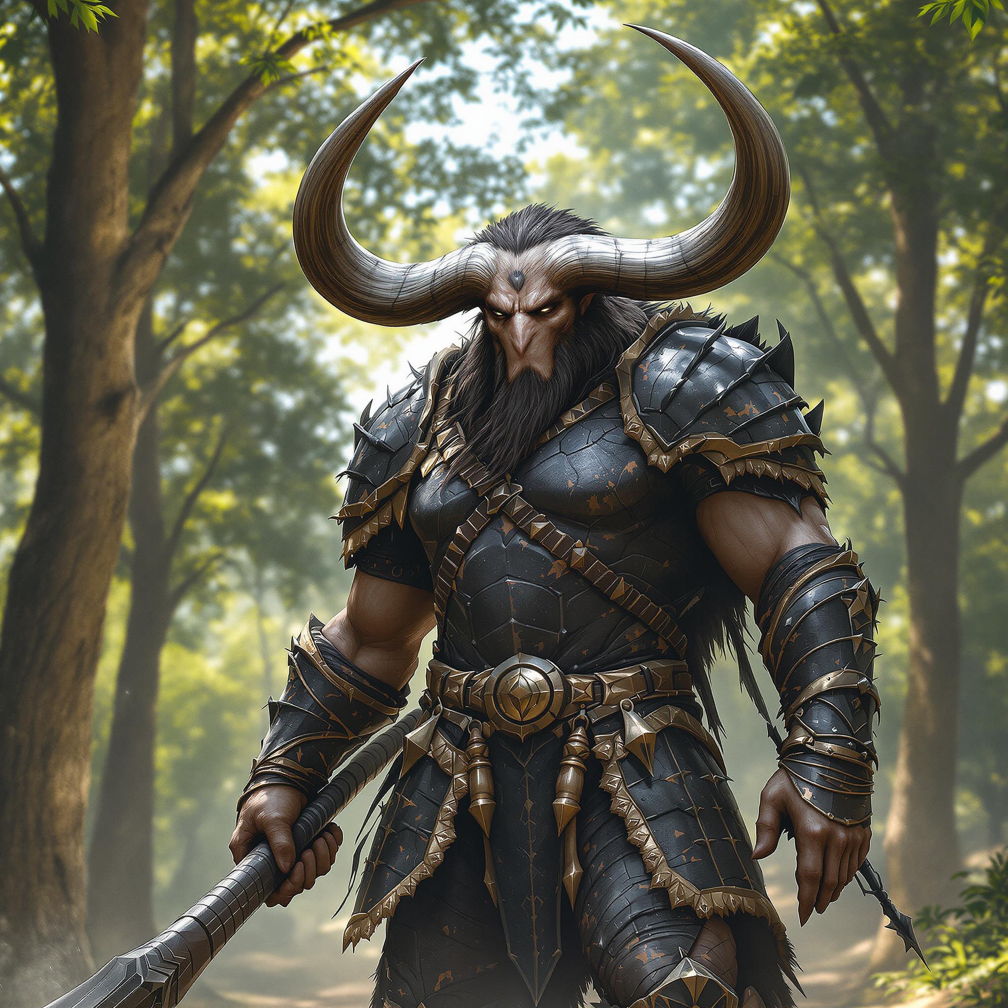 FLUX prompt: A minotaur warrior, his face with humanoid f...