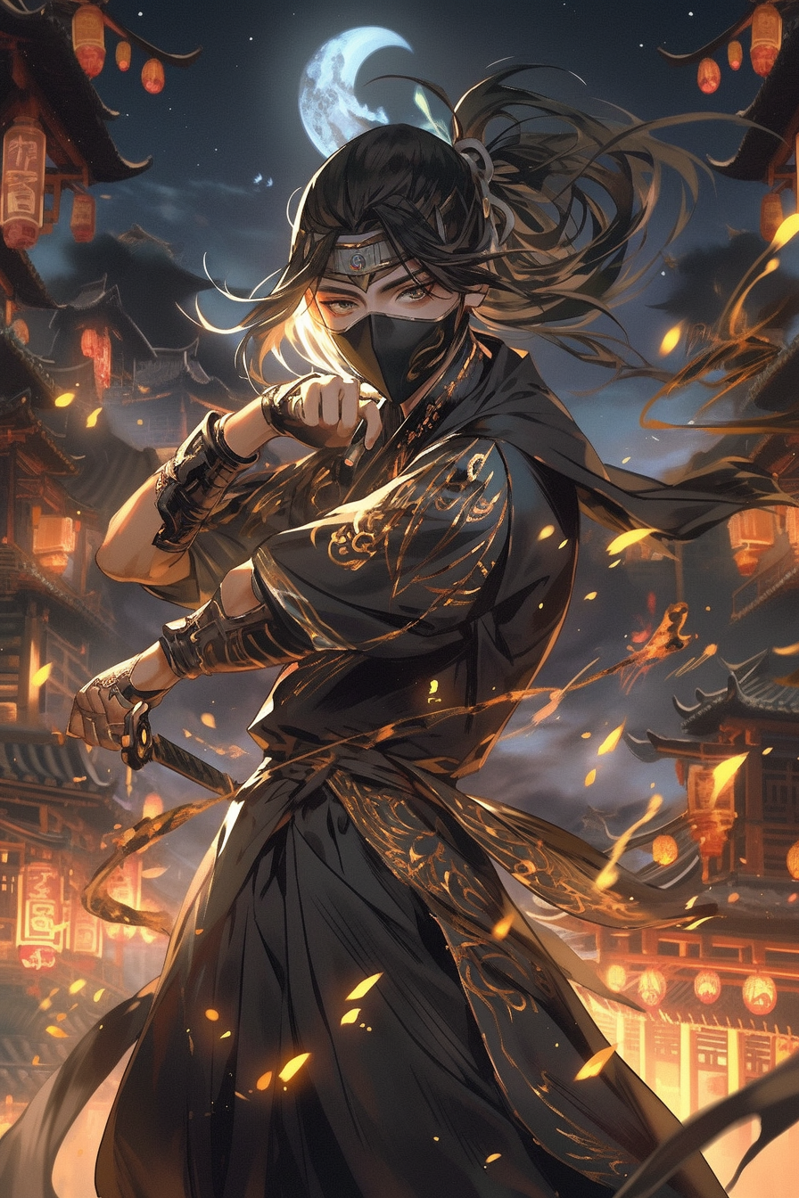 Midjourney prompt: A mischievous ninja in midnight black ...