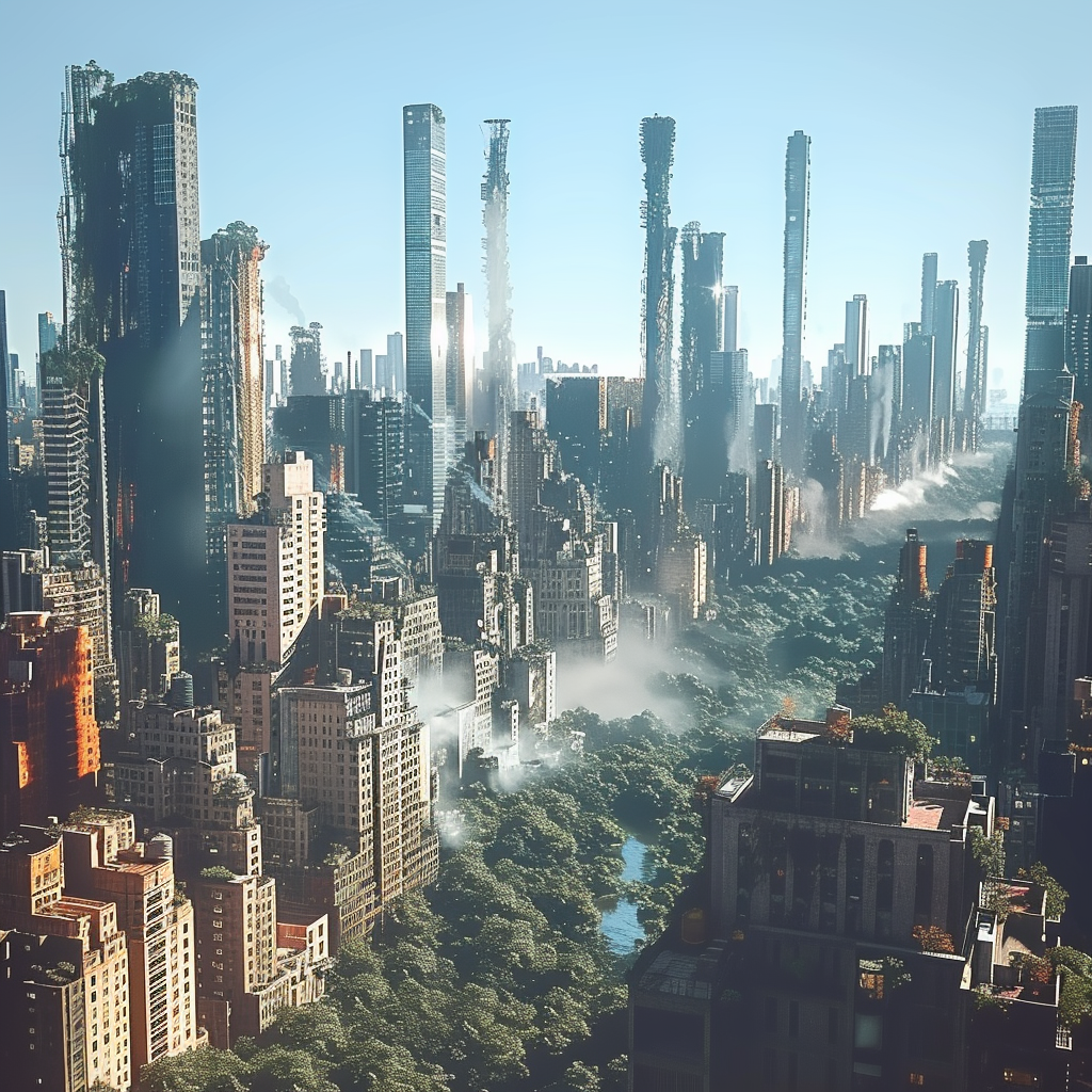 Midjourney prompt: Post-apocalyptic jungle with bio-mecha...