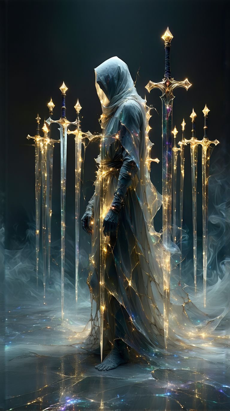 Stable Diffusion prompt: Eight of Swords: A ghostly figu...