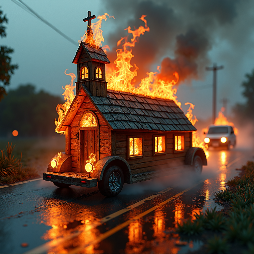 FLUX prompt: shaped as a cozy burning in flames woode...