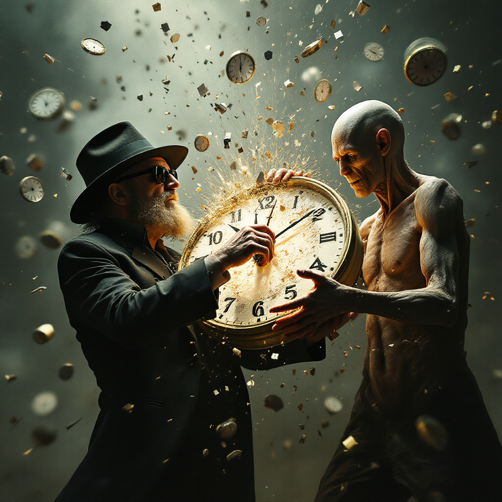FLUX prompt: Two men holding a clock together, crushing i...