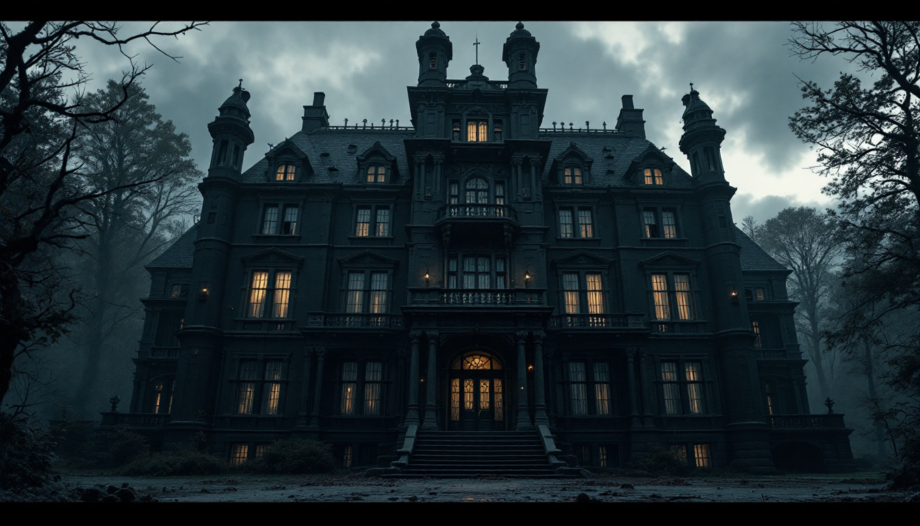 FLUX prompt: scary 6-story grand mansion building, black ...