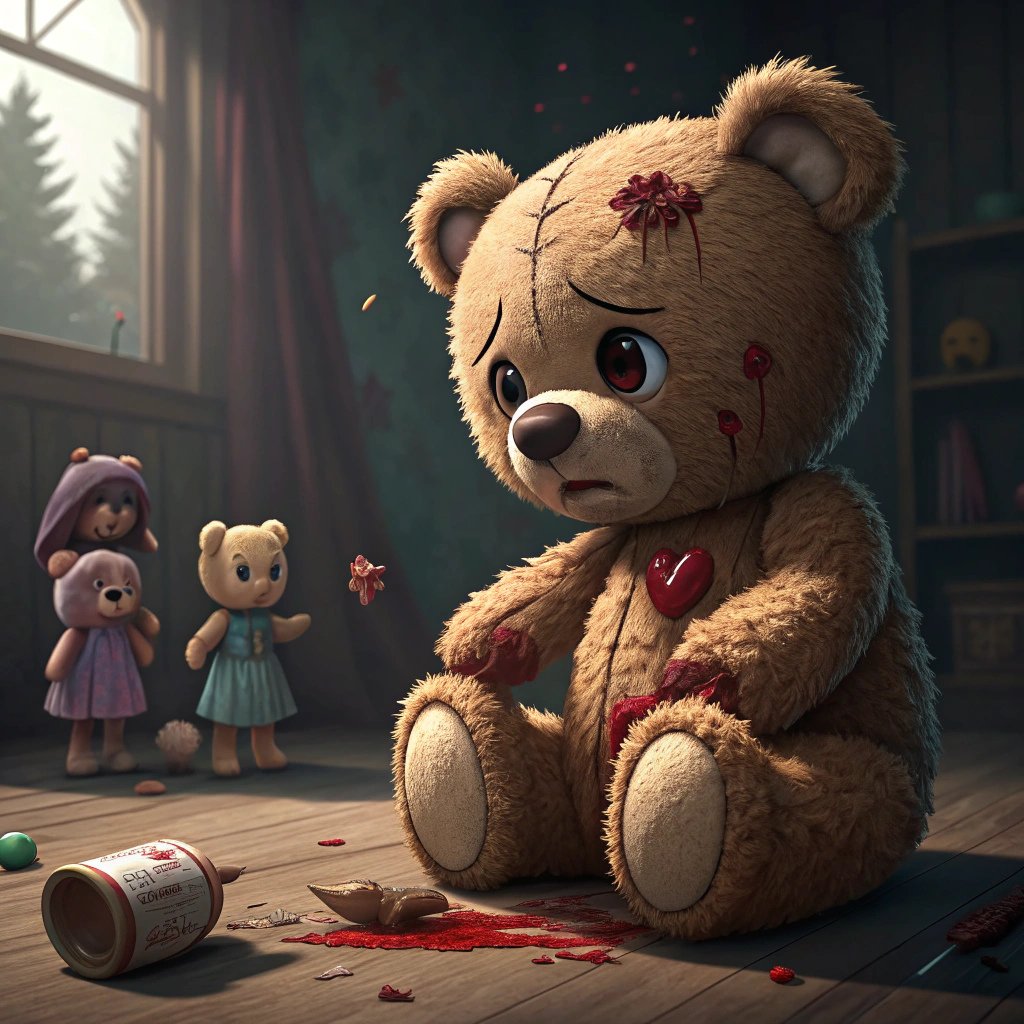 Recraft prompt: poor teddy bear getting his arms pulled o...