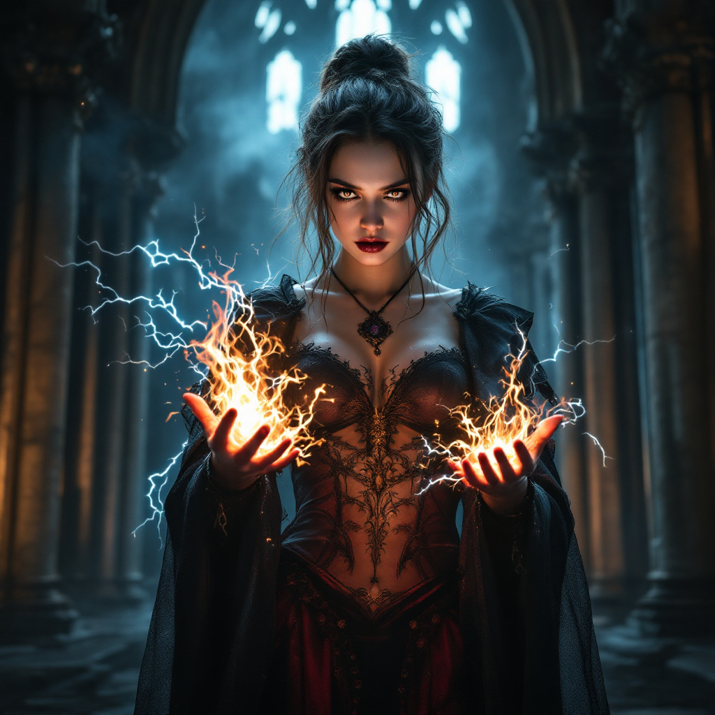 FLUX prompt: young mystique woman casting a magic spell,