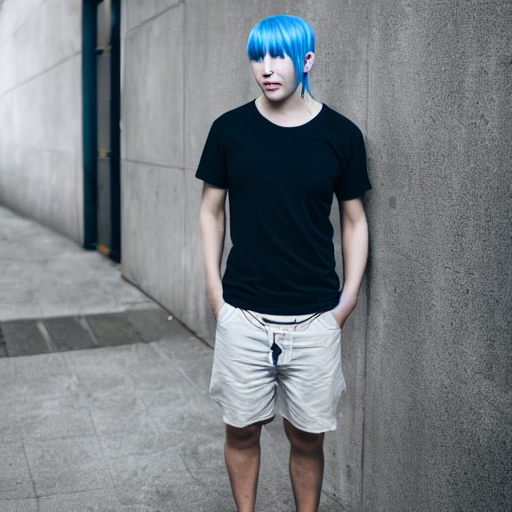 Stable Diffusion prompt: full body, men whit blue hair, w...
