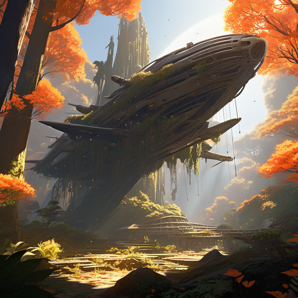 Stable Diffusion prompt: jungle, crashed alien-ship, tree...