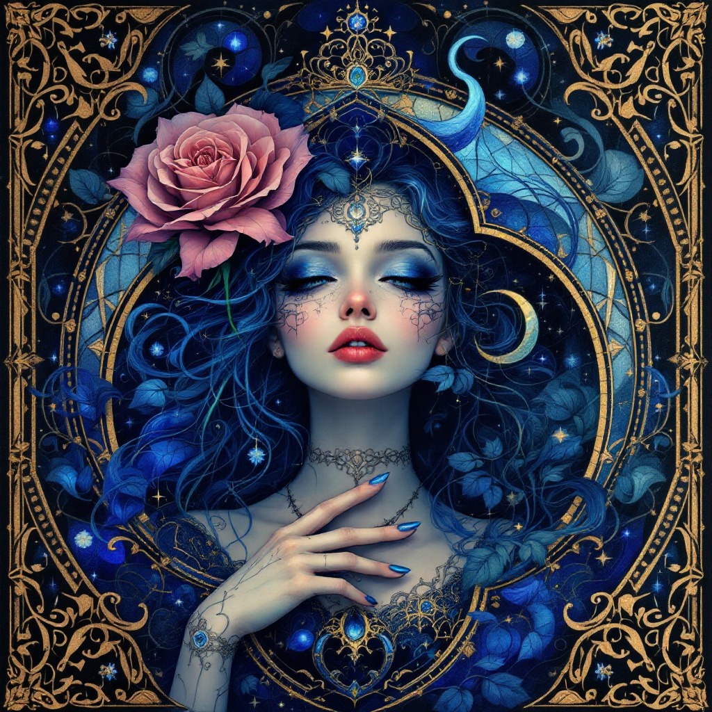 FLUX prompt: A whimsical woman holding a rose in an intr...
