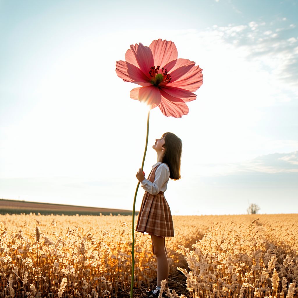 Stable Diffusion prompt: A girl holding a huge flower, mi...