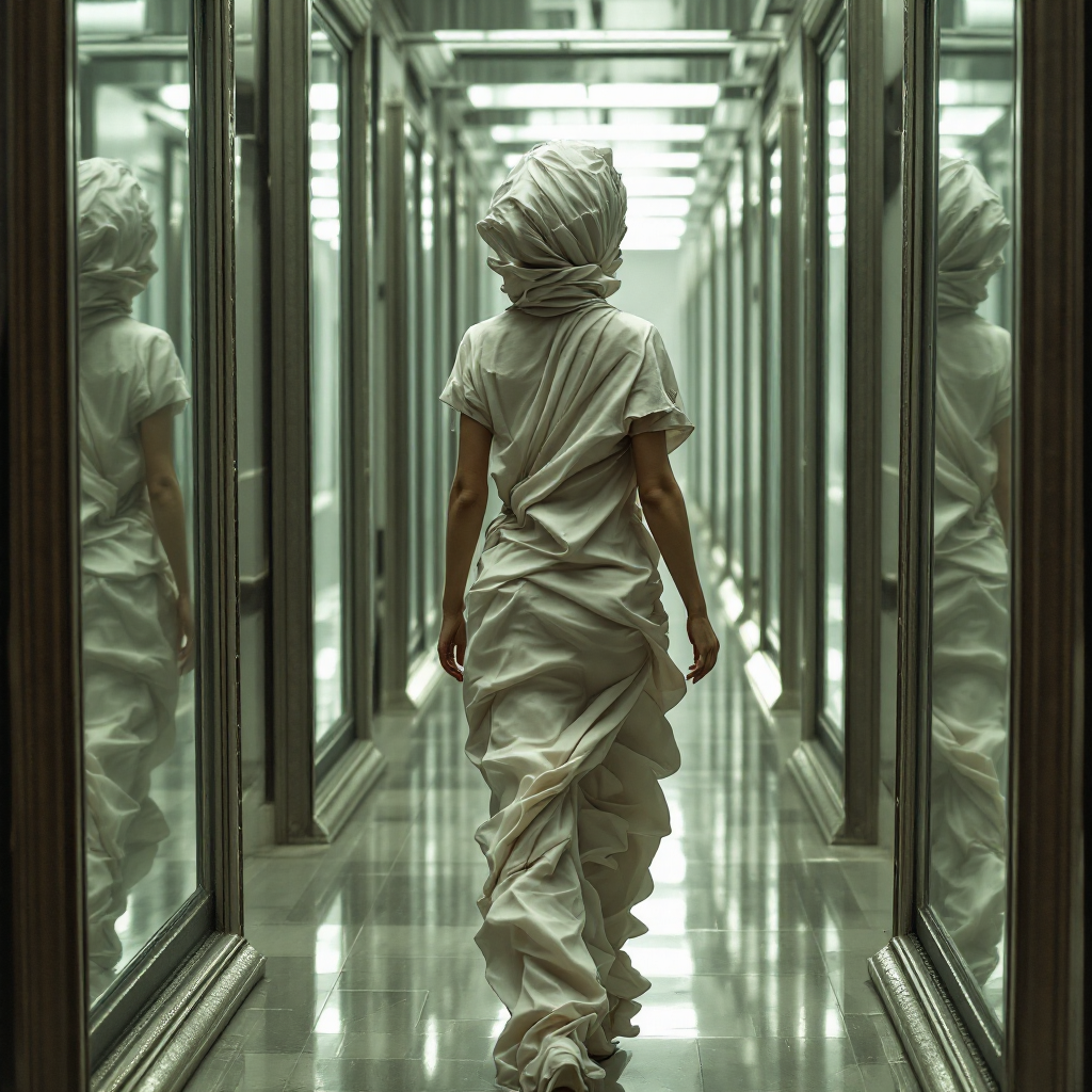FLUX prompt: A surreal image of a full-body woman walking...