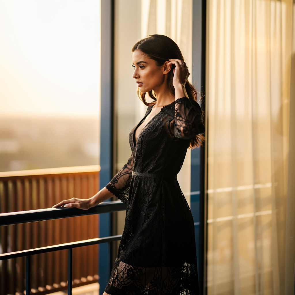 FLUX prompt: A woman stands by a window wearing black lac...
