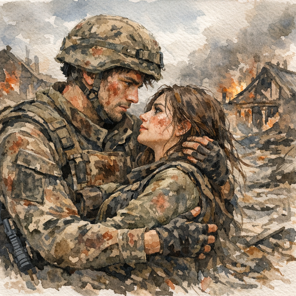 ChatGPT Image prompt: Watercolor scene of a male soldier,...