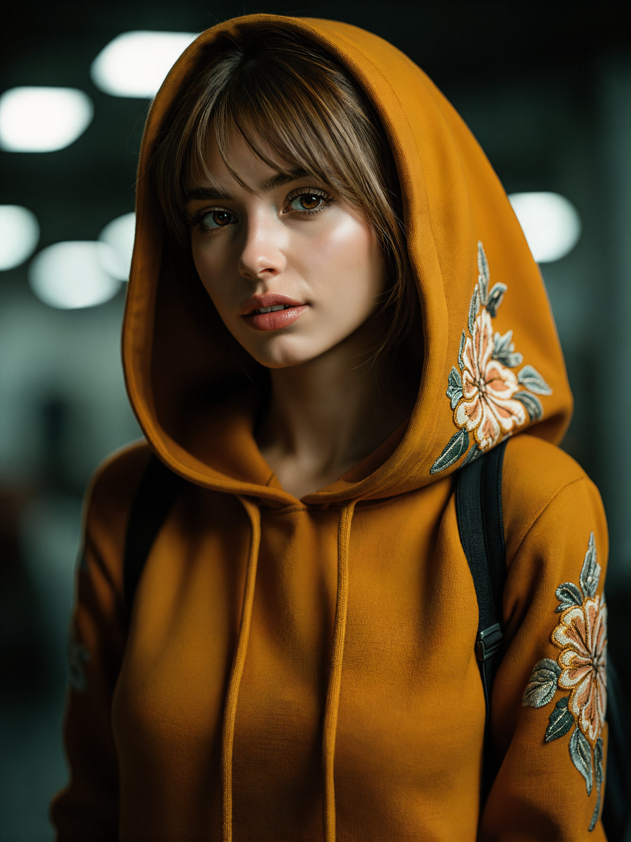 Z Image prompt: A portrait of a young woman with light br...