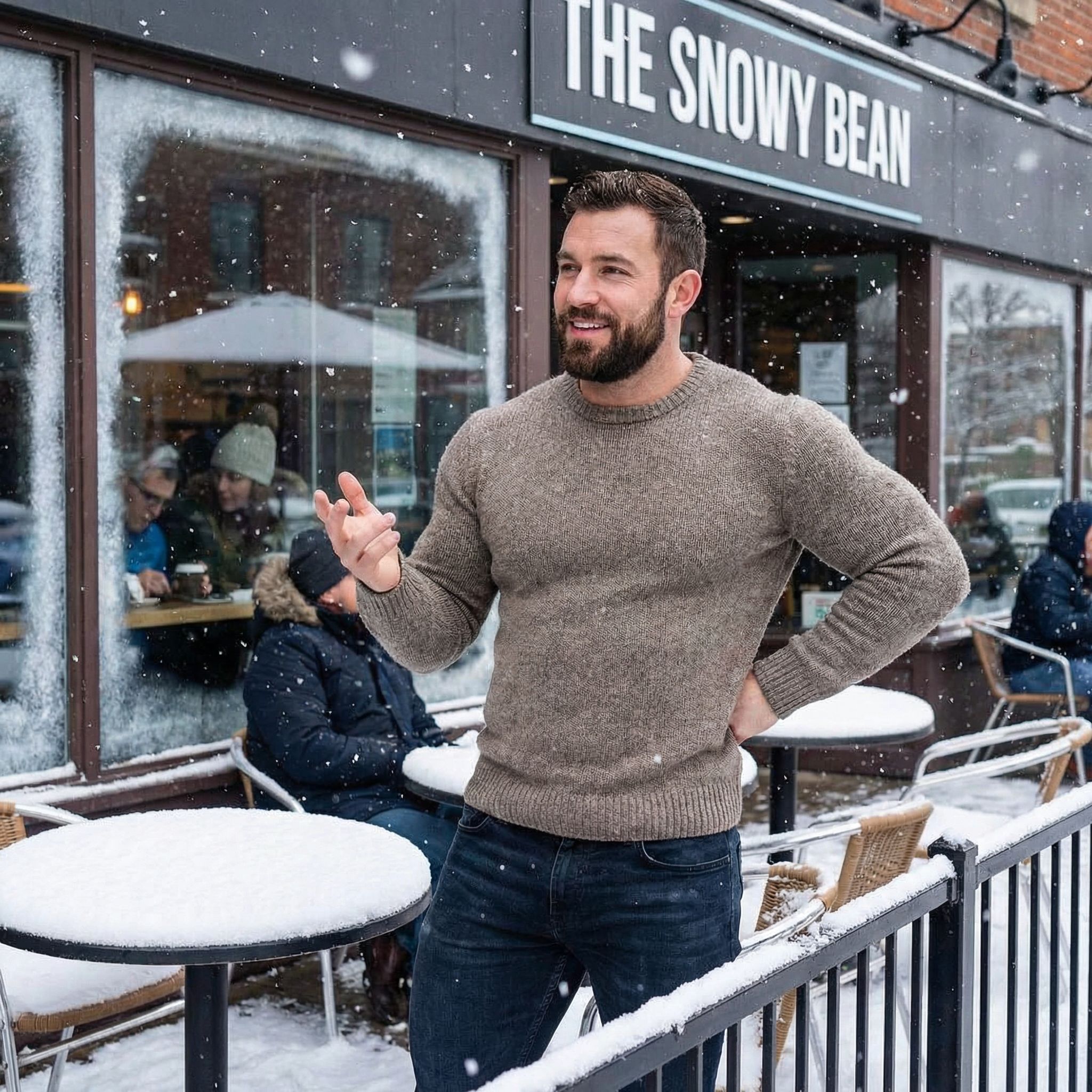 Nano Banana prompt: At a coffee shop, at a beautiful snow...