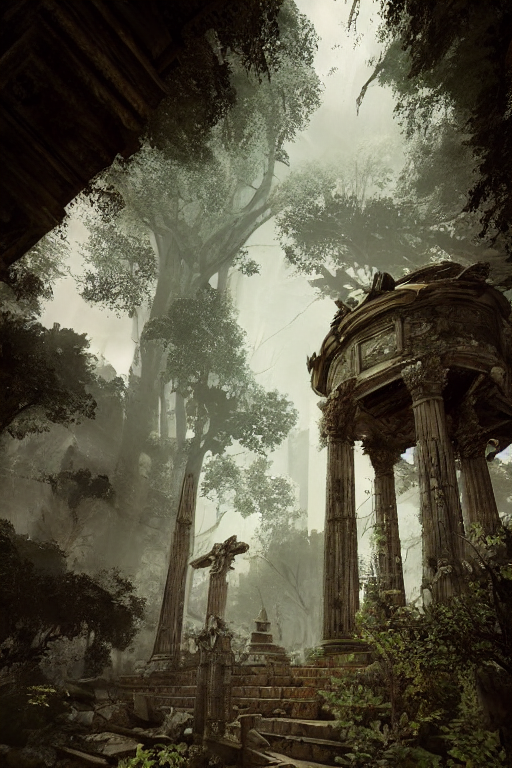 Stable Diffusion prompt: temple in ruines, forest, stairs...