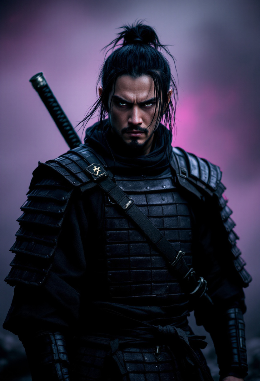FLUX prompt: samurai warrior facing forward, intense and ...