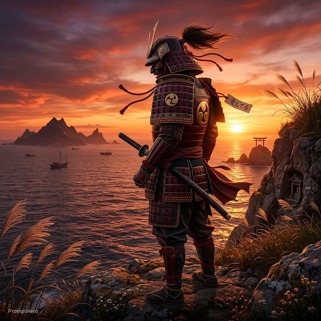Nano Banana prompt: Samurai stands at sunset in japan and...