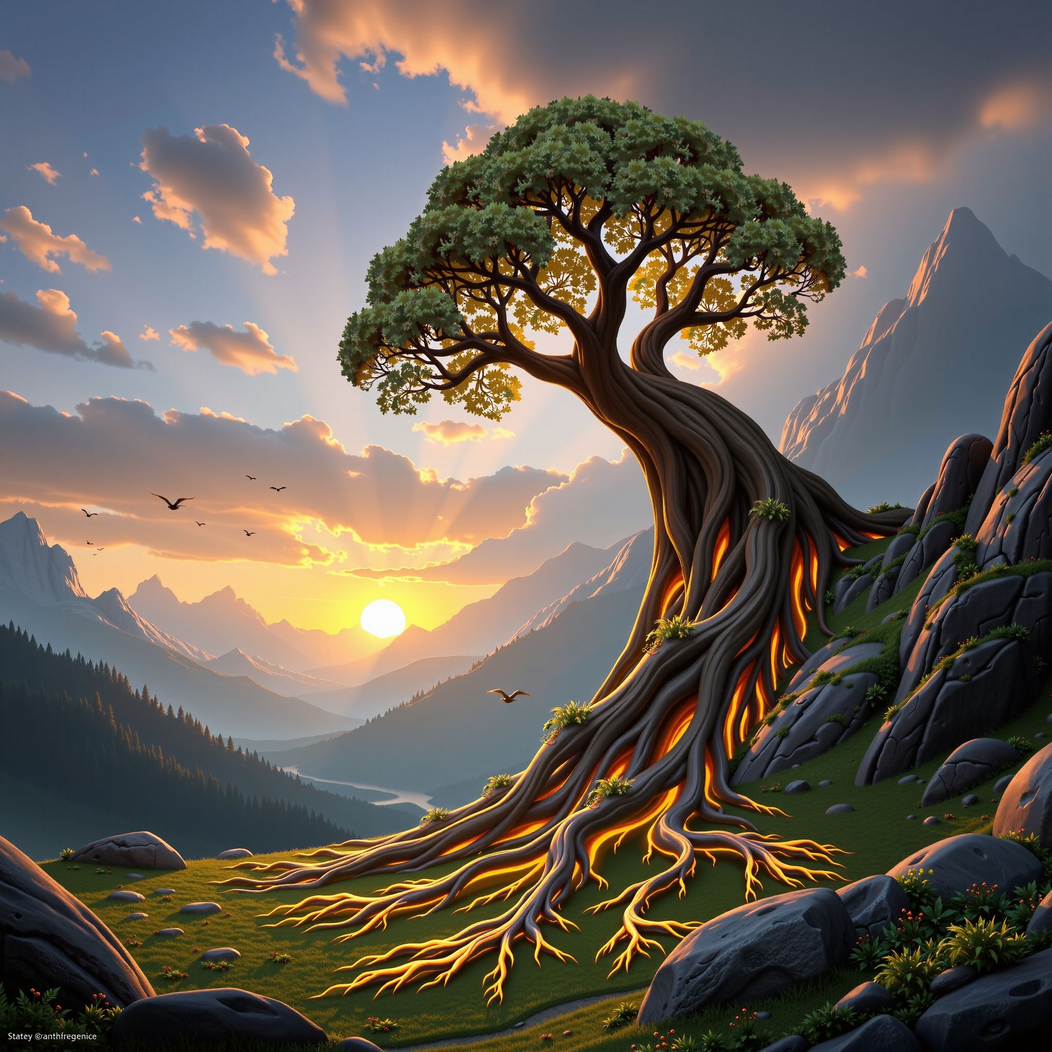 FLUX prompt: "A colossal tree growing through a mountain,...
