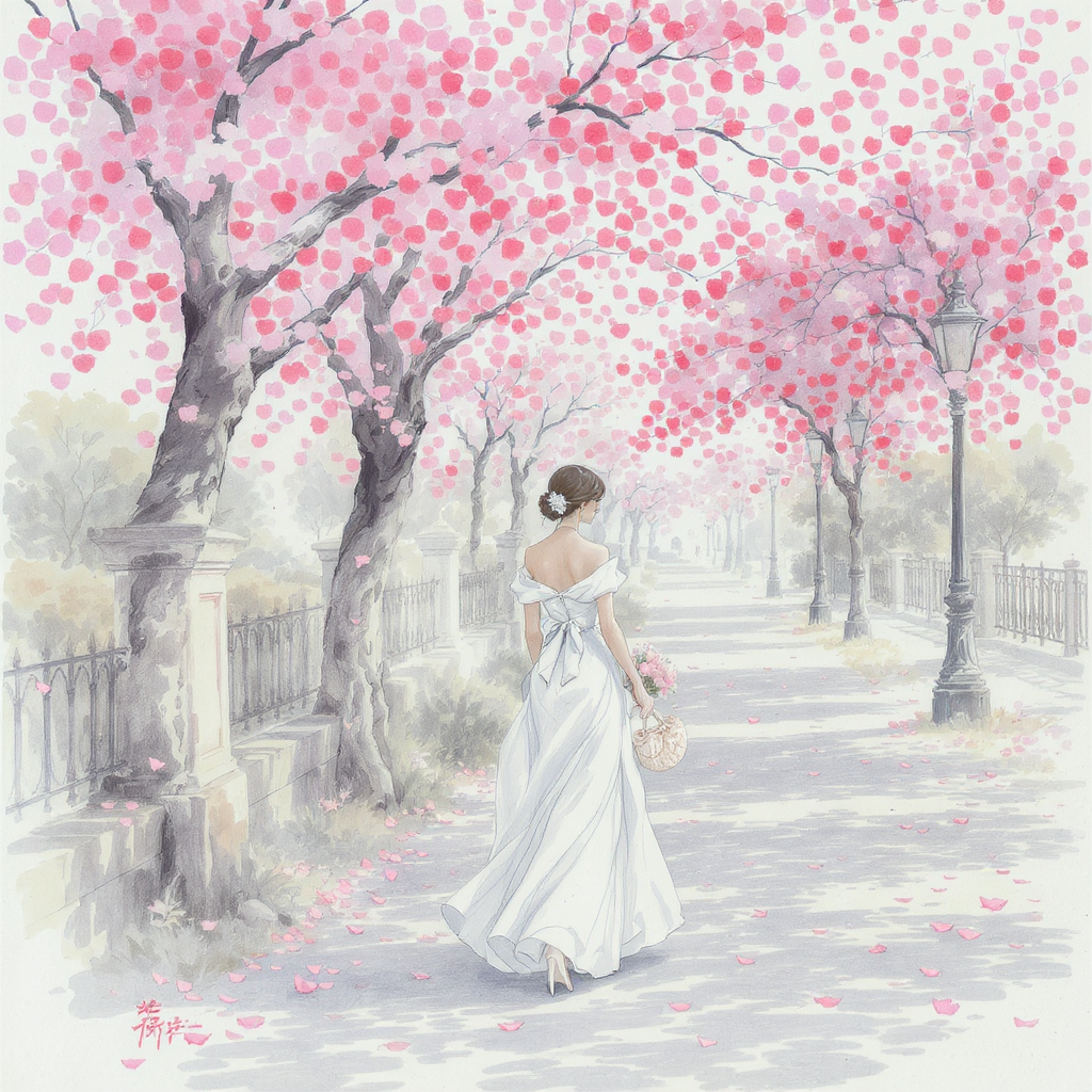 FLUX prompt: Elegant woman walking down a sun-dappled ave...