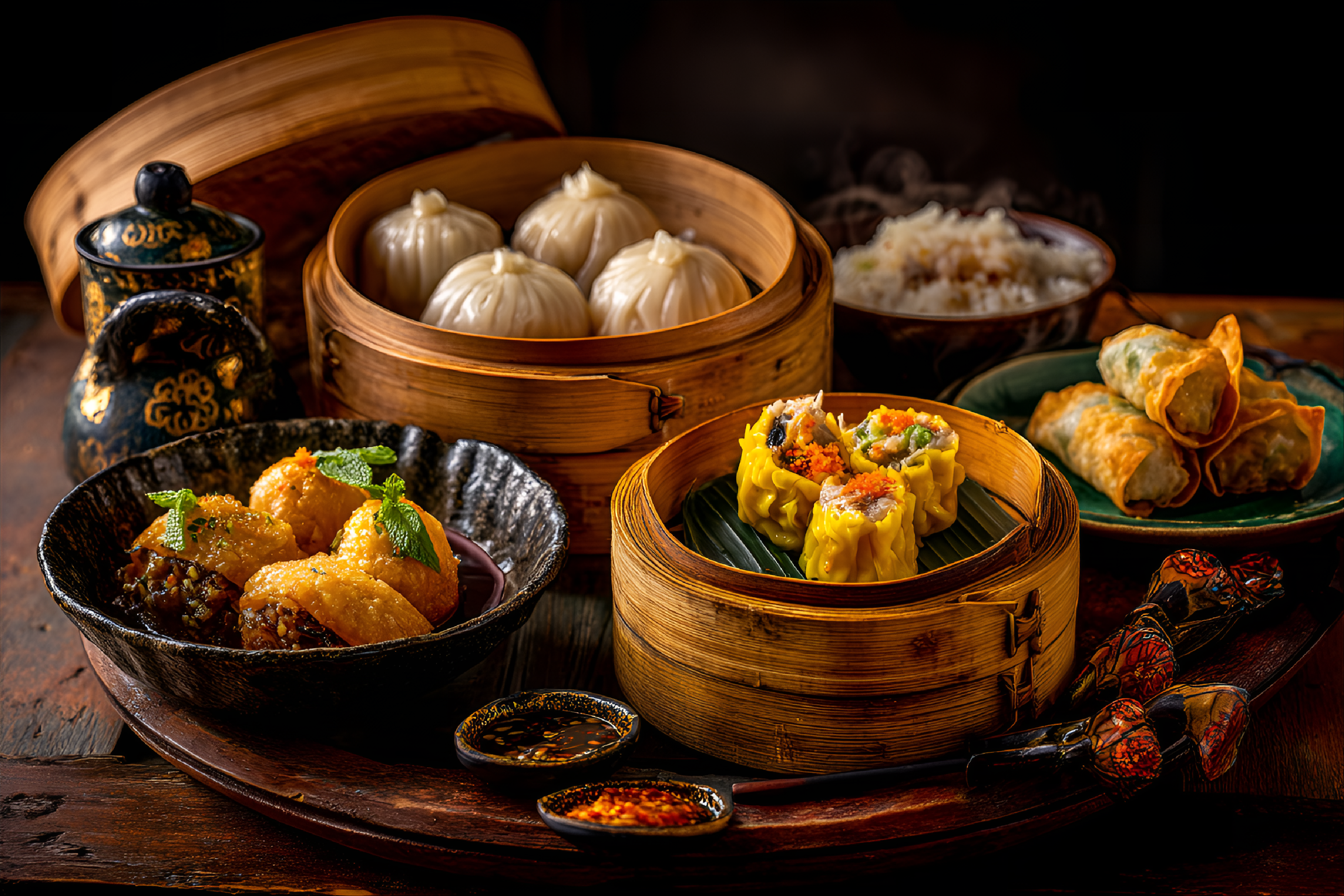 Midjourney prompt: lavish spread of dim sum on a traditio...