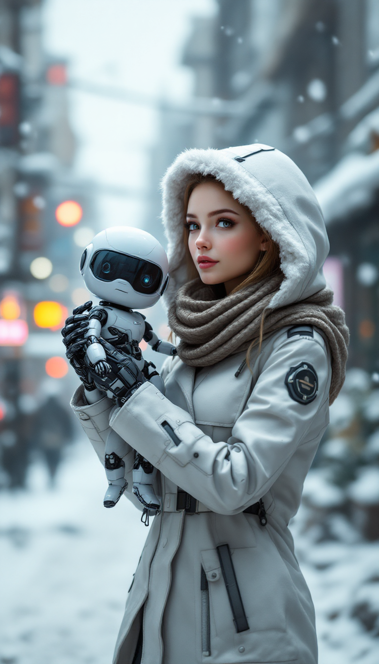 FLUX prompt: female robot hooded, scarf, jacket, holding ...