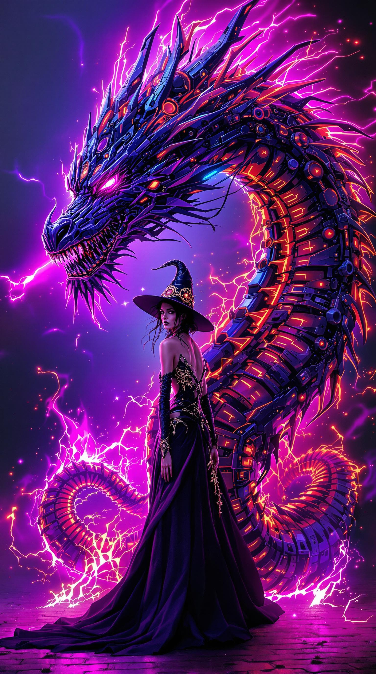 FLUX prompt: A steampunk witch draped in neon provocation...