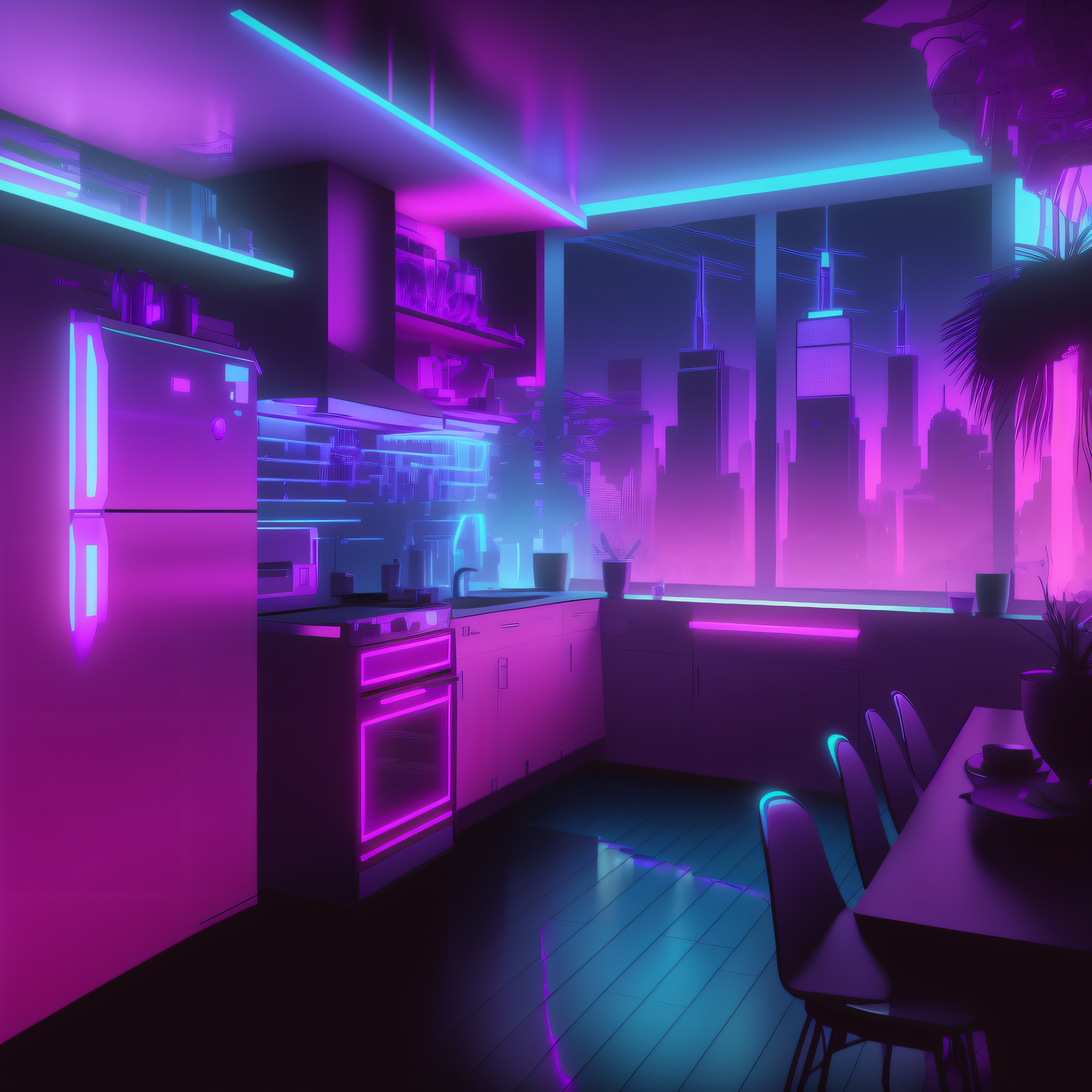 MIX-Pro-V4 prompt: purple and blue kitchen with a view of...