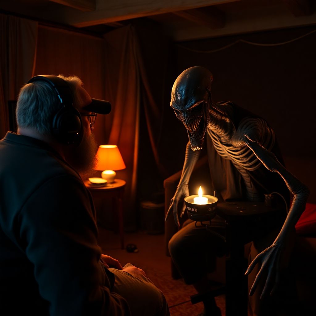 FLUX prompt: Joe Rogan on set with a skinwalker, horror,