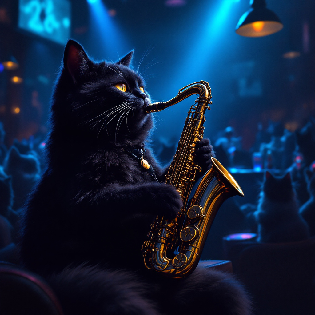 FLUX prompt: Cool relaxed black cat playing a golden saxo...