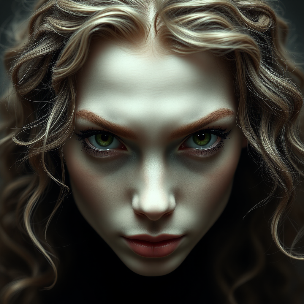 FLUX prompt: "Draw a close-up photo of a female face with...