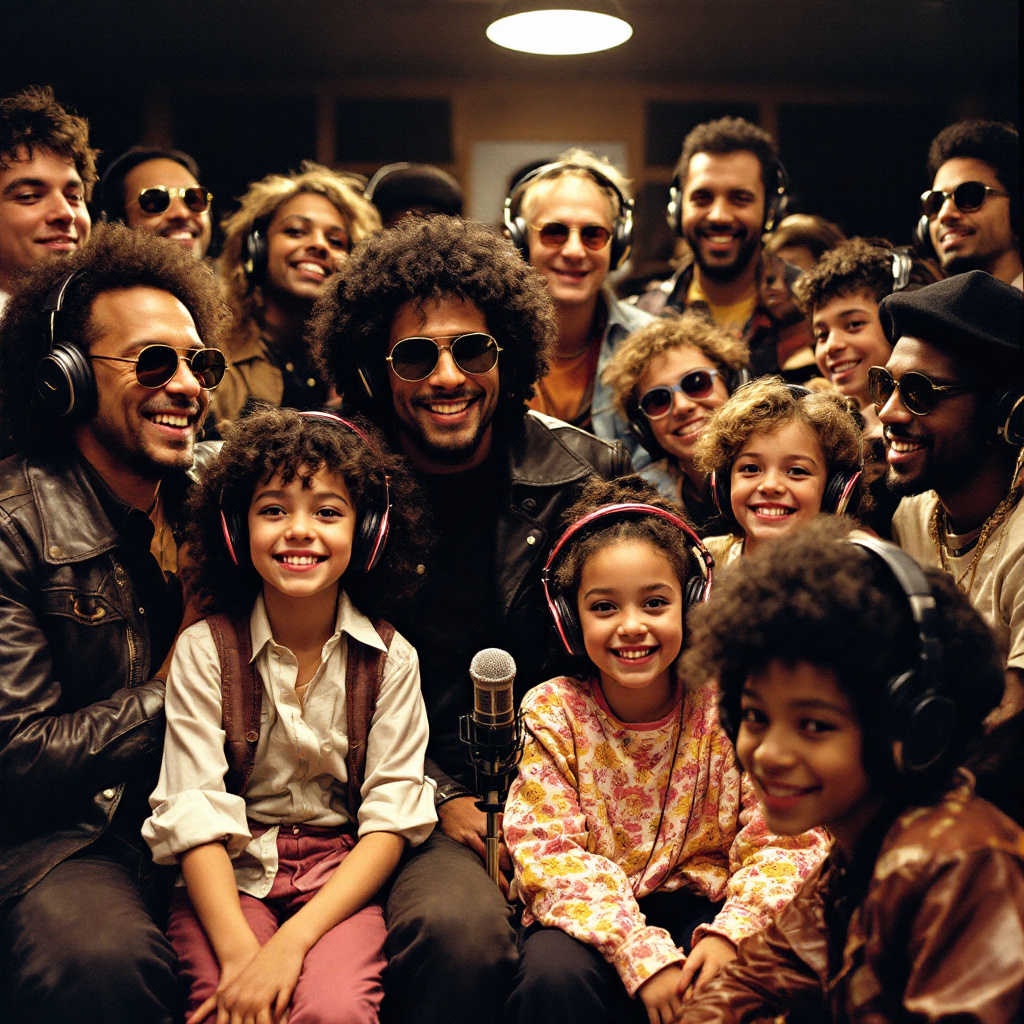 FLUX prompt: A lively 1980s recording studio scene, showi...