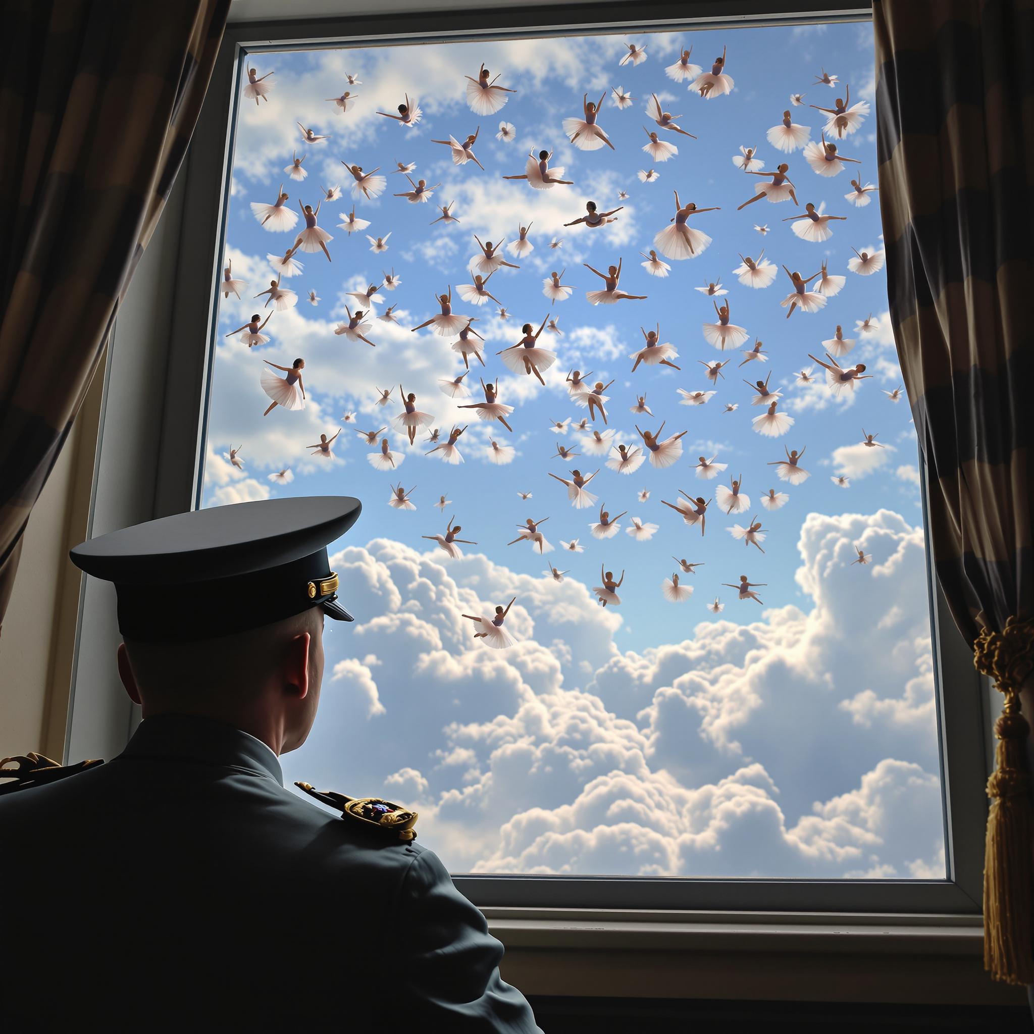 FLUX prompt: The camera zooms in from behind the army gen...