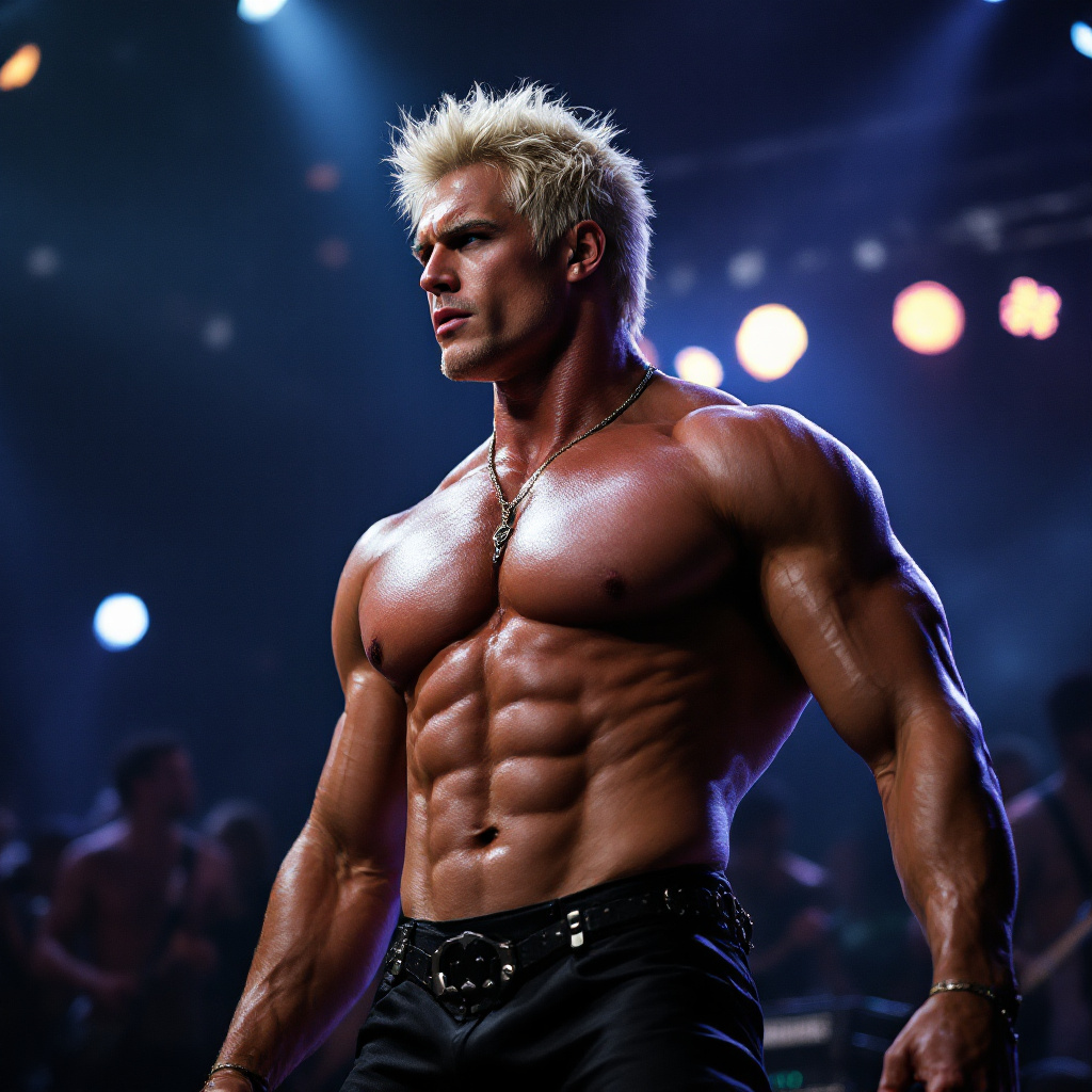 FLUX prompt: high-resolution photo muscular man, platinum...