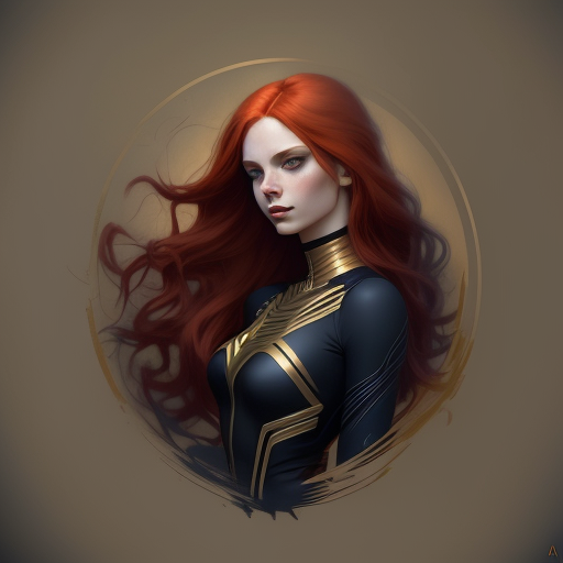 DreamShaper prompt: woman with long red hair in gold pain...