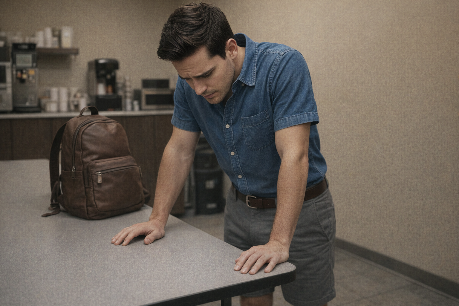 ChatGPT Image prompt: The model is at a employees coffee ...