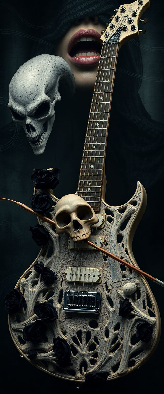 FLUX prompt: electric guitar made of bone,skull and black...