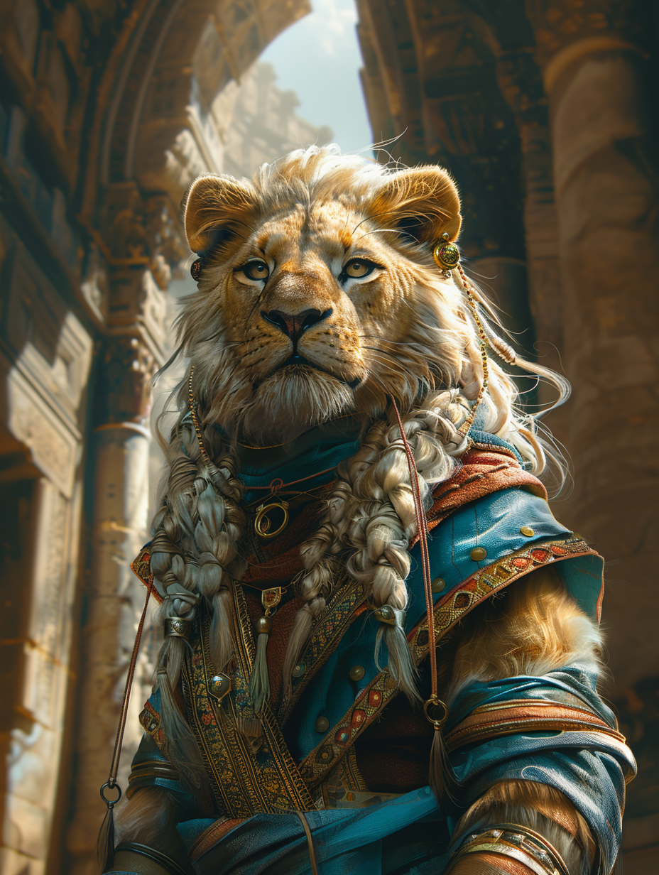 Midjourney prompt: DnD character card, Lion-girl healer i...