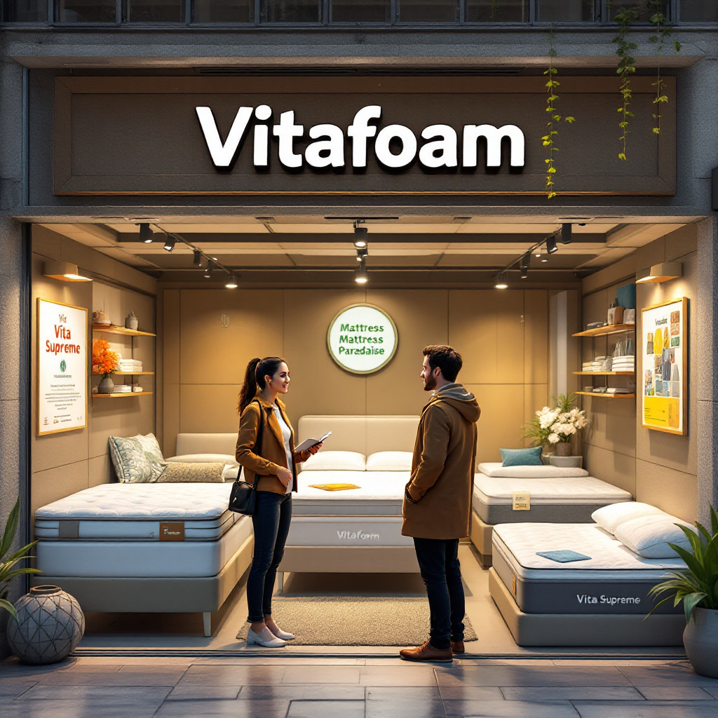 FLUX prompt: A " Vitafoam" shop outlet with a customer ne...