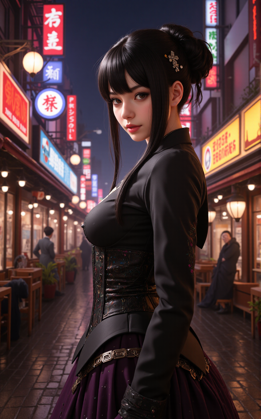 FLUX prompt: A young Japanese woman in Victorian-era atti...