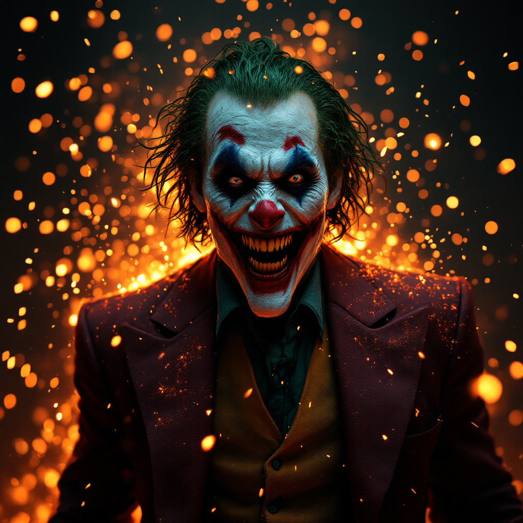 FLUX prompt: Joker risen from the ashes, seen full height...